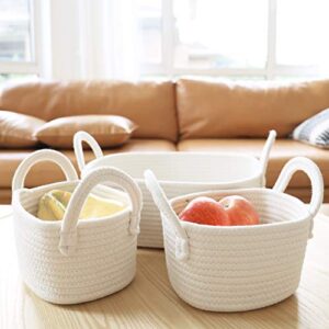 LA JOLIE MUSE Woven Basket Set of 3 - White Rope Storage Baskets Small Nursery Baskets for Baby Kid Toys, Soft Cotton Basket Bins for Bathroom Bedroom Organizing, Off White