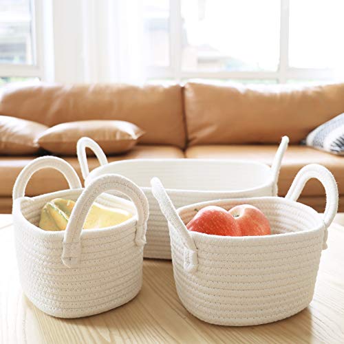 LA JOLIE MUSE Woven Basket Set of 3 - White Rope Storage Baskets Small Nursery Baskets for Baby Kid Toys, Soft Cotton Basket Bins for Bathroom Bedroom Organizing, Off White