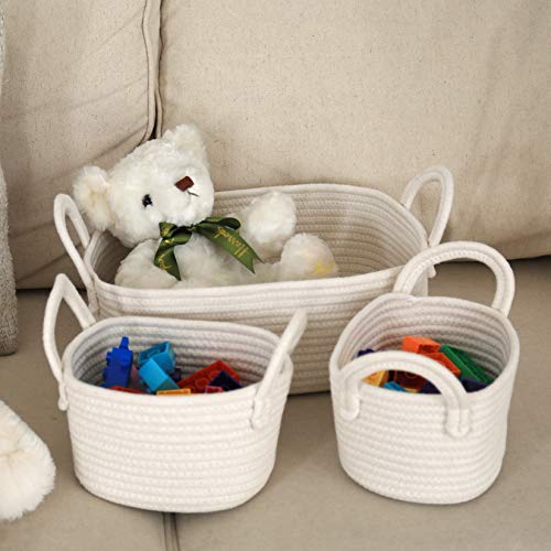 LA JOLIE MUSE Woven Basket Set of 3 - White Rope Storage Baskets Small Nursery Baskets for Baby Kid Toys, Soft Cotton Basket Bins for Bathroom Bedroom Organizing, Off White