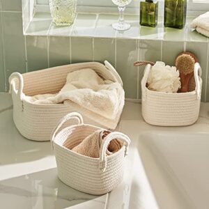 LA JOLIE MUSE Woven Basket Set of 3 - White Rope Storage Baskets Small Nursery Baskets for Baby Kid Toys, Soft Cotton Basket Bins for Bathroom Bedroom Organizing, Off White