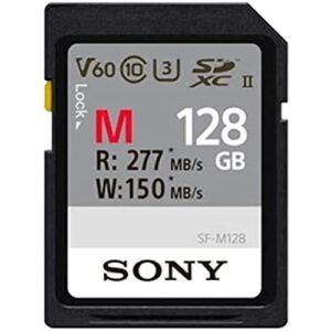 sony m series sdxc uhs-ii card 128gb, v60, cl10, u3, max r277mb/s, w150mb/s (sf-m128/t2), black