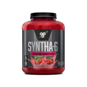 bsn syntha-6 edge protein powder, with hydrolyzed whey, micellar casein, milk protein isolate, low sugar, 24g protein, strawberry milkshake, 48 servings