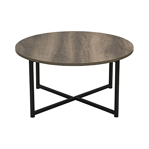 Household Essentials Jamestown Round Coffee Table Ashwood Rustic Wood Grain and Black Metal 31.5 x 31.5