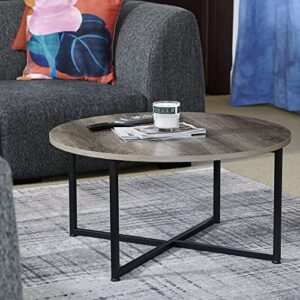 Household Essentials Jamestown Round Coffee Table Ashwood Rustic Wood Grain and Black Metal 31.5 x 31.5