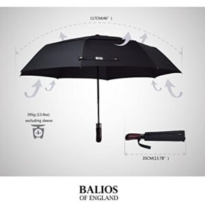 Balios Prestige Travel Umbrella Real Wood Handle Auto Open Close Vented Windproof Canopy Black