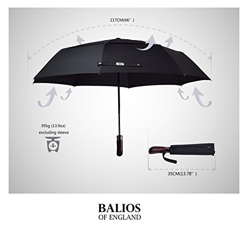 Balios Prestige Travel Umbrella Real Wood Handle Auto Open Close Vented Windproof Canopy Black