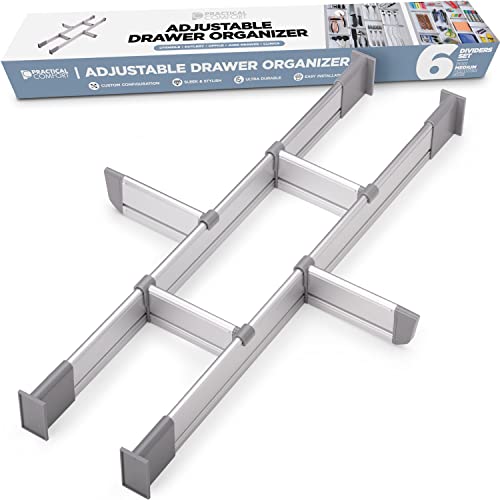 Drawer Dividers by Practical Comfort, 6 pcs adjustable drawer dividers set, Made from high strength aluminum, 2 Main expandable drawer divider expand From 17.5" to 19.7" + 4 Sliding Separators 3.8"