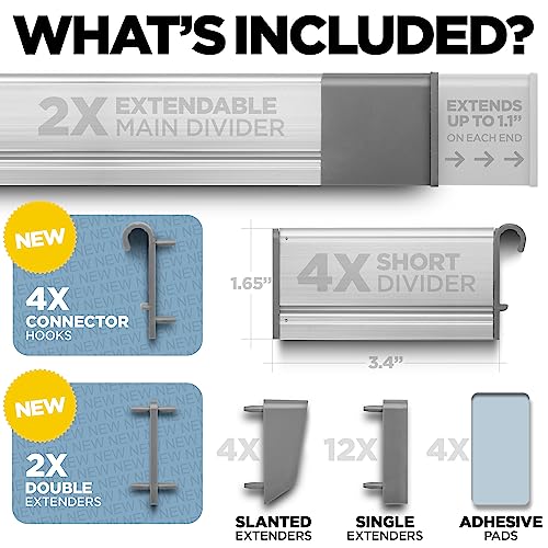 Drawer Dividers by Practical Comfort, 6 pcs adjustable drawer dividers set, Made from high strength aluminum, 2 Main expandable drawer divider expand From 17.5" to 19.7" + 4 Sliding Separators 3.8"