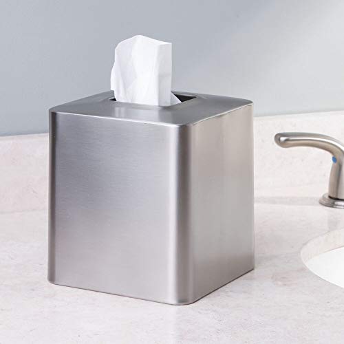 mDesign Metal Square Tissue Box Cover for Bathroom - Modern Steel Holder/Dispenser for Paper Facial Tissues - Bathroom Tissue Box Cube for Counter - Avia Collection - Brushed Stainless Steel