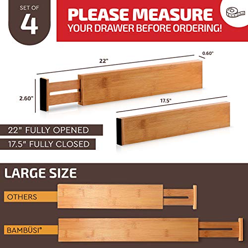 Large Kitchen Drawer Organizer - Expandable Bamboo Drawer Dividers (17.5" - 22") - Adjustable Separators for Kitchen, Clothes, Dresser, Bedroom, Bathroom, and Desk Drawers - 4 Pack (Natural)