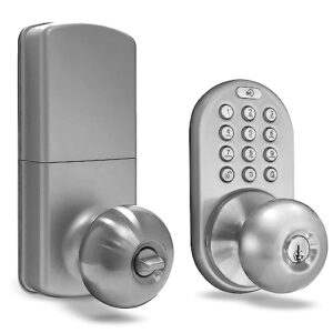 milocks tkk-02sn tkk-sn digital door knob handle lock with electronic keypad - keyless entry smart door lock with adjustable latch locks, audible tones for interior front doors & more, satin nickel