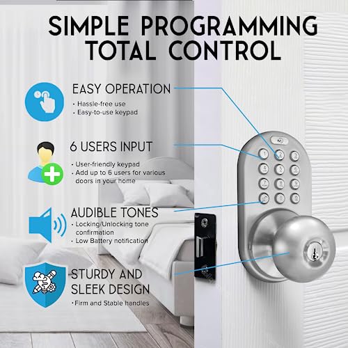 MiLocks TKK-02SN Tkk-Sn Digital Door Knob Handle Lock with Electronic Keypad - Keyless Entry Smart Door Lock with Adjustable Latch Locks, Audible Tones for Interior Front Doors & More, Satin Nickel