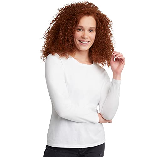 Hanes Women's Originals Long Sleeve Cotton T-Shirt, Lightweight Crewneck Tee, Modern Fit, White, Small