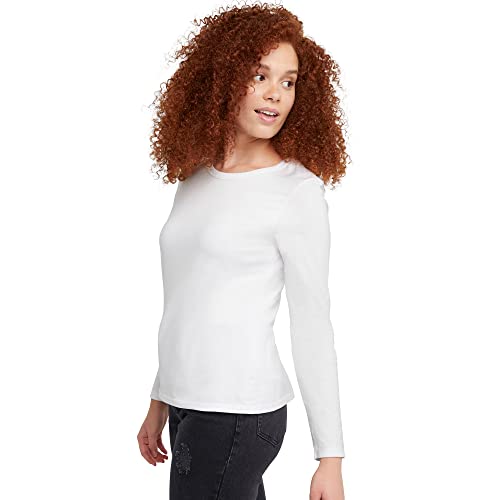 Hanes Women's Originals Long Sleeve Cotton T-Shirt, Lightweight Crewneck Tee, Modern Fit, White, Small