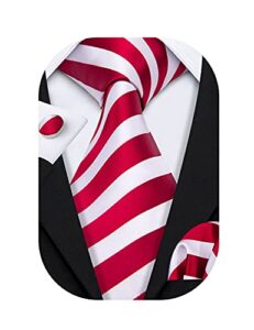 barry.wang stripe men ties set classic woven necktie with handkerchief cufflinks formal red and white