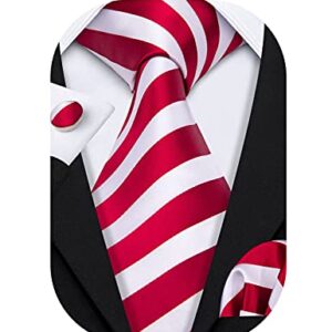 Barry.Wang Stripe Men Ties Set Classic WOVEN Necktie with Handkerchief Cufflinks Formal Red and White