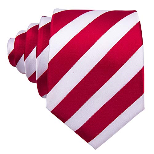 Barry.Wang Stripe Men Ties Set Classic WOVEN Necktie with Handkerchief Cufflinks Formal Red and White