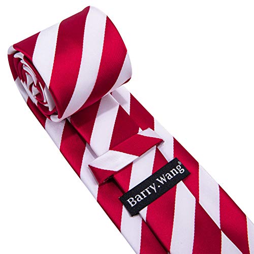 Barry.Wang Stripe Men Ties Set Classic WOVEN Necktie with Handkerchief Cufflinks Formal Red and White