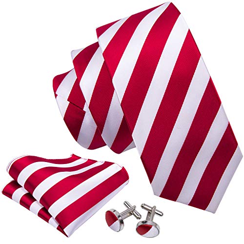 Barry.Wang Stripe Men Ties Set Classic WOVEN Necktie with Handkerchief Cufflinks Formal Red and White