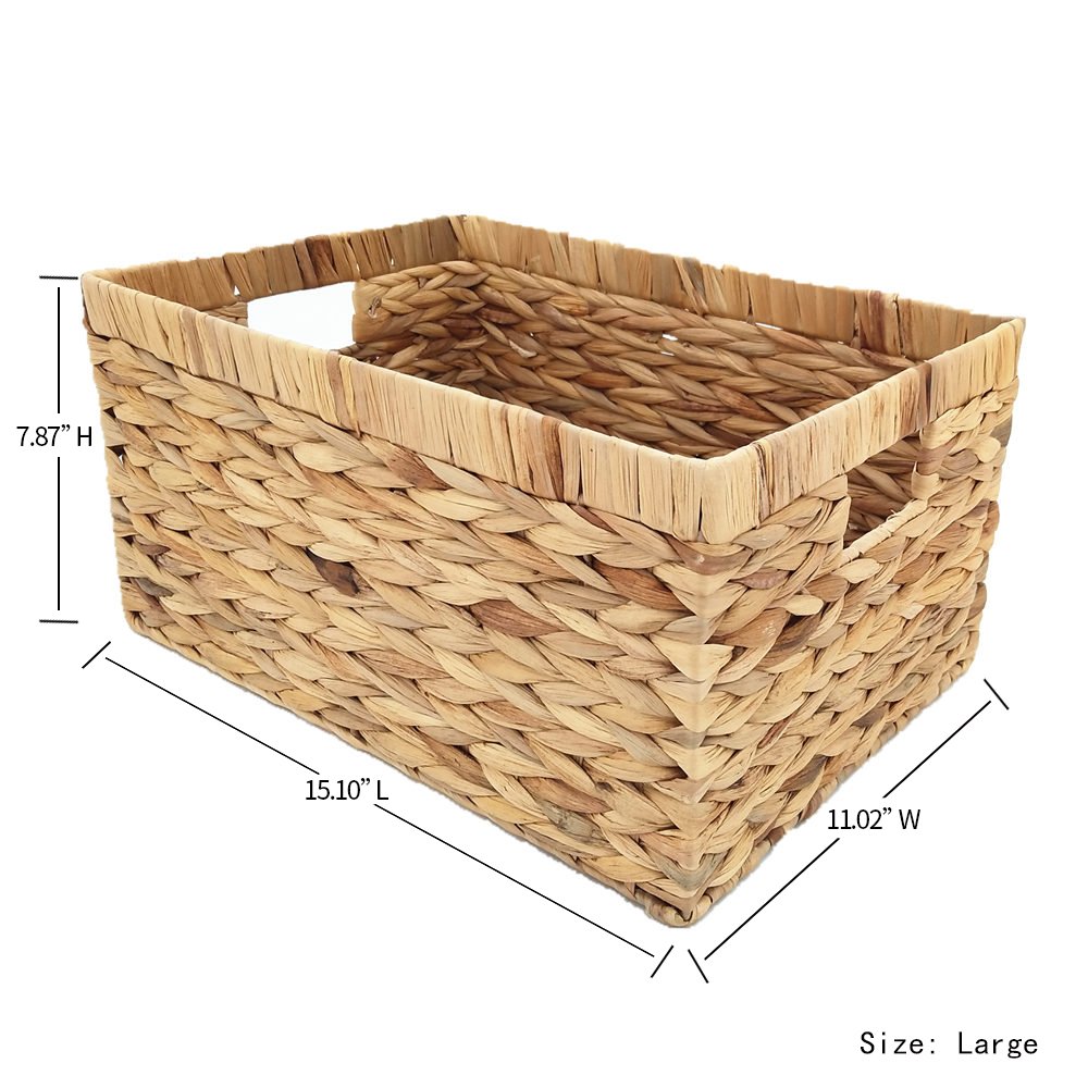 Woven Natural Water hyacinth Rectangular Storage Baskets with inside Handle,Kingwillow(Large)