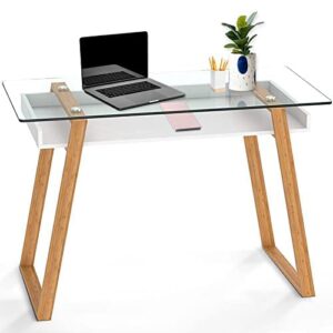 bonvivo massimo small desk - 43 inch, modern computer desk for small spaces, living room, office and bedroom - study table w/glass top and shelf space - white