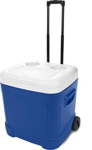 igloo ice cube wheeled roller cooler, white/blue, 60 qt