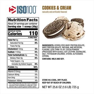 Dymatize ISO100 Hydrolyzed Protein Powder, 100% Whey Isolate Protein, 25g of Protein, 5.5g BCAAs, Gluten Free, Fast Absorbing, Easy Digesting, Cookies and Cream, 1.6 Pound