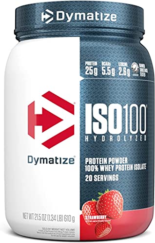 Dymatize ISO100 Hydrolyzed Protein Powder, 100% Whey Isolate Protein, 25g of Protein, 5.5g BCAAs, Gluten Free, Fast Absorbing, Easy Digesting, Strawberry, 5 Pound