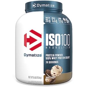 dymatize iso100 hydrolyzed protein powder, 100% whey isolate protein, 25g of protein, 5.5g bcaas, gluten free, fast absorbing, easy digesting, cookies and cream, 5 pound