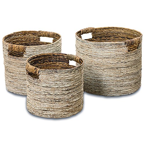 Woven Storage Baskets, Set of 3, Chunky Weave, Rustic Natural Accents, Cut Out Handles, Various Sizes 10.25 Inches - 16.25 Inches, Romantic Beach Chic White Washed Banana Leaf Baskets,