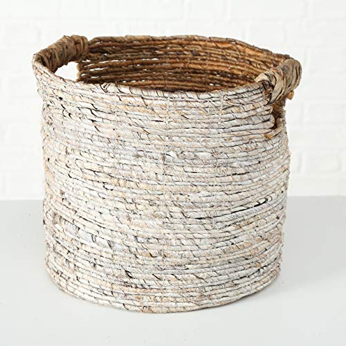 Woven Storage Baskets, Set of 3, Chunky Weave, Rustic Natural Accents, Cut Out Handles, Various Sizes 10.25 Inches - 16.25 Inches, Romantic Beach Chic White Washed Banana Leaf Baskets,