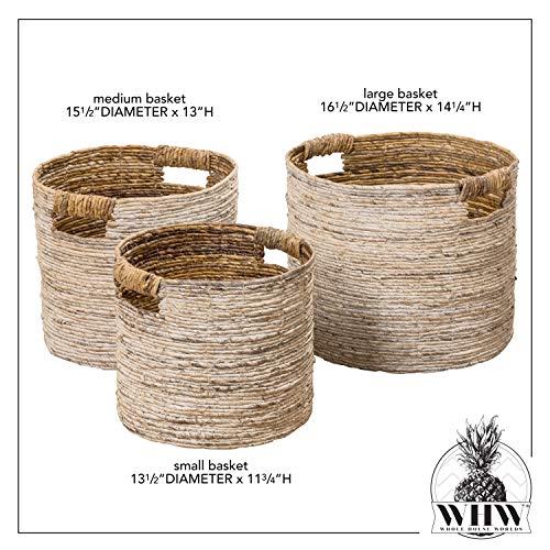 Woven Storage Baskets, Set of 3, Chunky Weave, Rustic Natural Accents, Cut Out Handles, Various Sizes 10.25 Inches - 16.25 Inches, Romantic Beach Chic White Washed Banana Leaf Baskets,