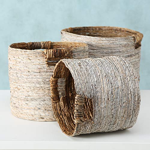 Woven Storage Baskets, Set of 3, Chunky Weave, Rustic Natural Accents, Cut Out Handles, Various Sizes 10.25 Inches - 16.25 Inches, Romantic Beach Chic White Washed Banana Leaf Baskets,