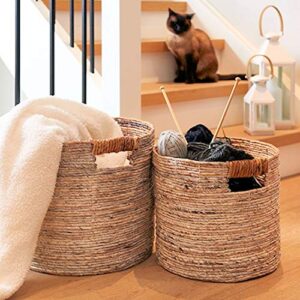 Woven Storage Baskets, Set of 3, Chunky Weave, Rustic Natural Accents, Cut Out Handles, Various Sizes 10.25 Inches - 16.25 Inches, Romantic Beach Chic White Washed Banana Leaf Baskets,