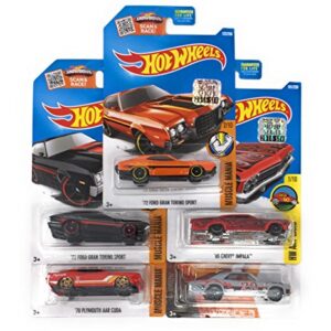 Hot Wheels Muscle Car Madness 5 Pack Random Diecast Bundle Set with Various Corvettes, Mustangs, Camaros, Chargers, GTO"s, Firebirds, Shelby, and More