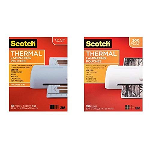 Scotch Thermal Laminating Pouches, 8.9 x 11.4-Inches, 5 mil thick, 100-Pack (TP5854-100) and Scotch Thermal Laminating Pouches, 8.9 x 11.4-Inches, 3 mil thick, 200-Pack (TP3854-200) Bundle