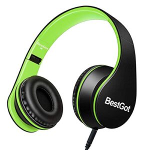 bestgot kids headphones bg6002 children headphones for kids boys adult with microphone volume control foldable headset with 3.5mm plug removable cord (black/green)