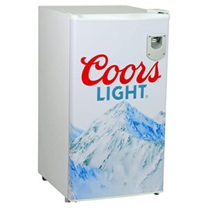 coors light rocky mountain 3.2 cu ft (90l) refrigerator compact fridge bottle opener white space saving flat back design reversible door adjustable temperature control tempered glass shelves office rv