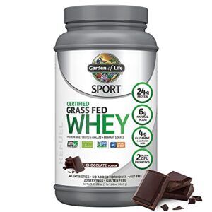 garden of life sport whey protein powder chocolate, premium grass fed whey protein isolate plus probiotics for immune system health, 24g protein, non gmo, gluten free, cold processed - 20 servings