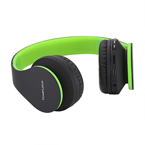 PowerLocus Wireless Bluetooth Over-Ear Stereo Foldable Headphones, Wired Headsets Rechargeable with Built-in Microphone for iPhone, Samsung, LG, iPad (Black/Green)