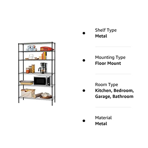 16''Lx42''Wx72''H 6 Shelf Wire Shelving Unit Heavy Duty Metal Storage Shelves NSF Wire Shelf Organizer Black Height Adjustable Utility Steel Commercial Grade Layer Shelf Rack 1500 LBS Capacity