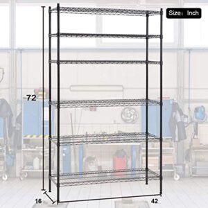 16''Lx42''Wx72''H 6 Shelf Wire Shelving Unit Heavy Duty Metal Storage Shelves NSF Wire Shelf Organizer Black Height Adjustable Utility Steel Commercial Grade Layer Shelf Rack 1500 LBS Capacity