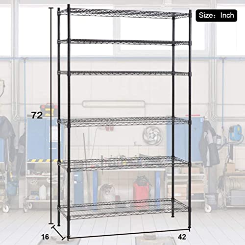 16''Lx42''Wx72''H 6 Shelf Wire Shelving Unit Heavy Duty Metal Storage Shelves NSF Wire Shelf Organizer Black Height Adjustable Utility Steel Commercial Grade Layer Shelf Rack 1500 LBS Capacity