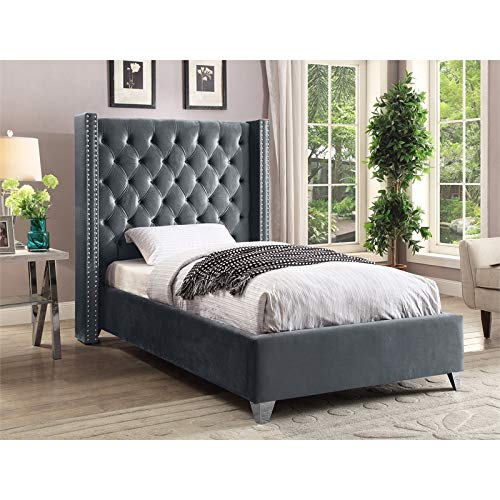 Meridian Furniture Aiden Collection Modern | Contemporary Velvet Upholstered Bed with Deep Button Tufting, Solid Wood Frame, and Custom Chrome Legs, Twin, Grey