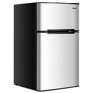 costway compact refrigerator, 3.2 cu ft. unit 2-door mini freezer cooler fridge with reversible door, removable glass shelves, mechanical control, recessed handle for dorm, office, apartment (grey)