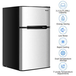 COSTWAY Compact Refrigerator, 3.2 cu ft. Unit 2-Door Mini Freezer Cooler Fridge with Reversible Door, Removable Glass Shelves, Mechanical Control, Recessed Handle for Dorm, Office, Apartment (Grey)