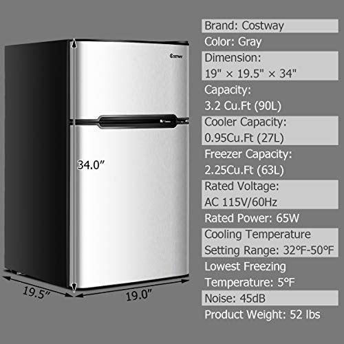 COSTWAY Compact Refrigerator, 3.2 cu ft. Unit 2-Door Mini Freezer Cooler Fridge with Reversible Door, Removable Glass Shelves, Mechanical Control, Recessed Handle for Dorm, Office, Apartment (Grey)