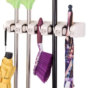 tangkula wall mount mop broom holder, hanging broom organizer w/ 5 slots & 6 hooks, home storage organizer rack, hanging utility rack for home, kitchen, garage, laundry (white)