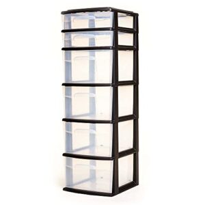 homz plastic 6 clear drawer medium home storage container tower with 4 large drawers and 2 small drawers, black frame