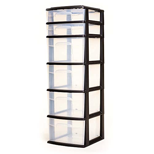 Homz Plastic 6 Clear Drawer Medium Home Storage Container Tower with 4 Large Drawers and 2 Small Drawers, Black Frame